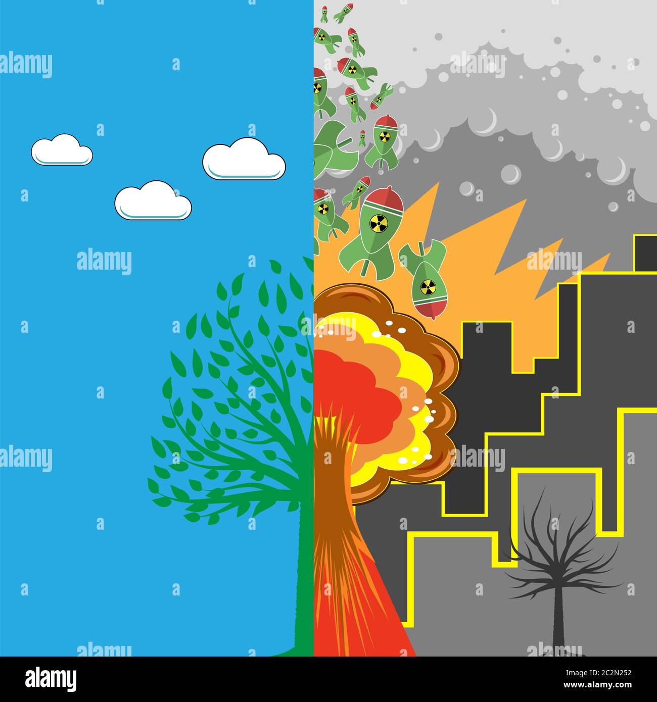 Green Tree and Atomic Bomb with Radiation Sign. Nuclear Rocket. Weapon ...