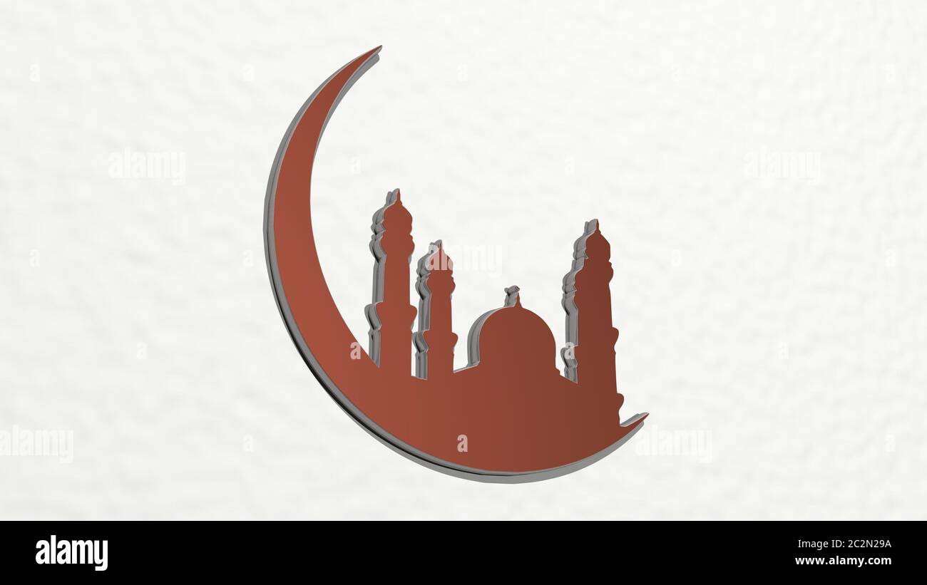 mosque in moon made by 3D illustration of a shiny metallic sculpture on ...