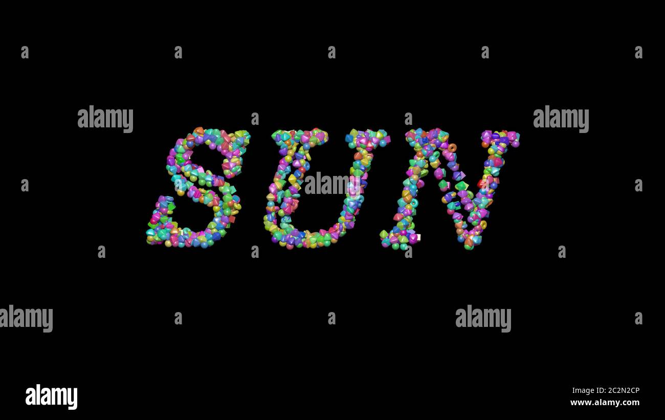 Colorful 3D writting of SUN text with small objects over a dark ...