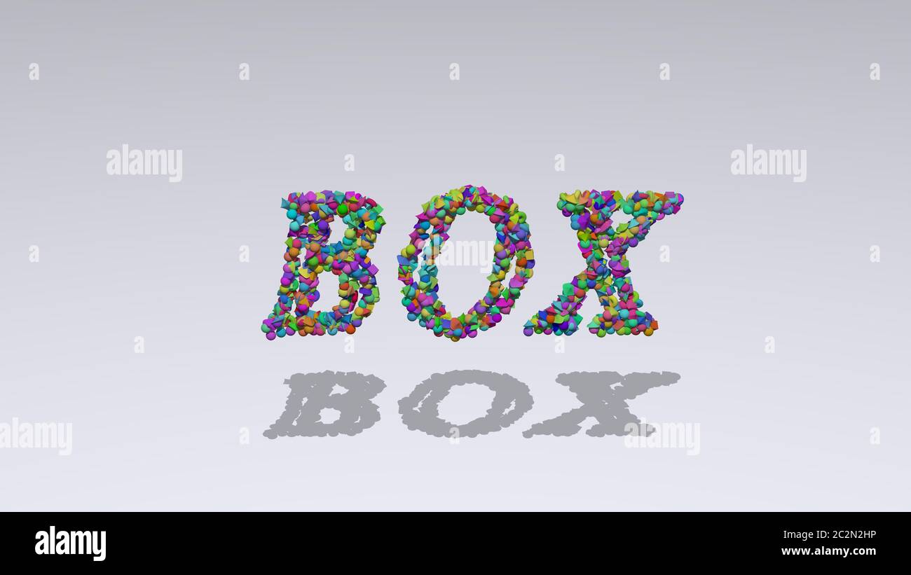 Colorful 3D writting of BOX text with small objects over a white ...