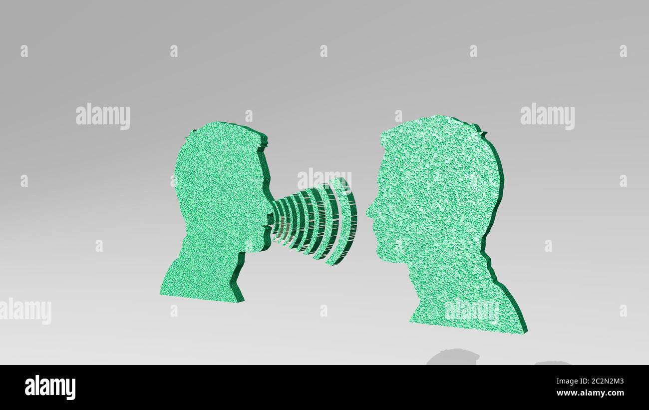 TWO MAN TALKING made by 3D illustration of a shiny metallic sculpture ...
