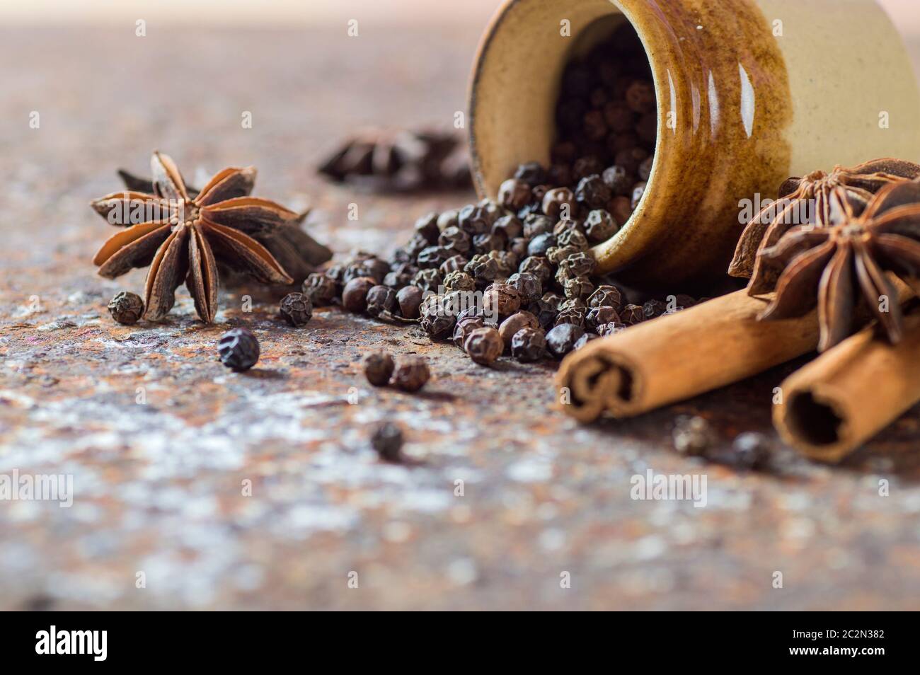 Spices and herbs. Food and cuisine ingredients. Cinnamon sticks, anise ...