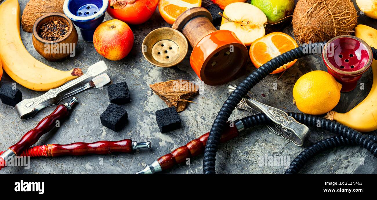Details of Egyptian hookah and shisha tobacco with fruit flavors ...