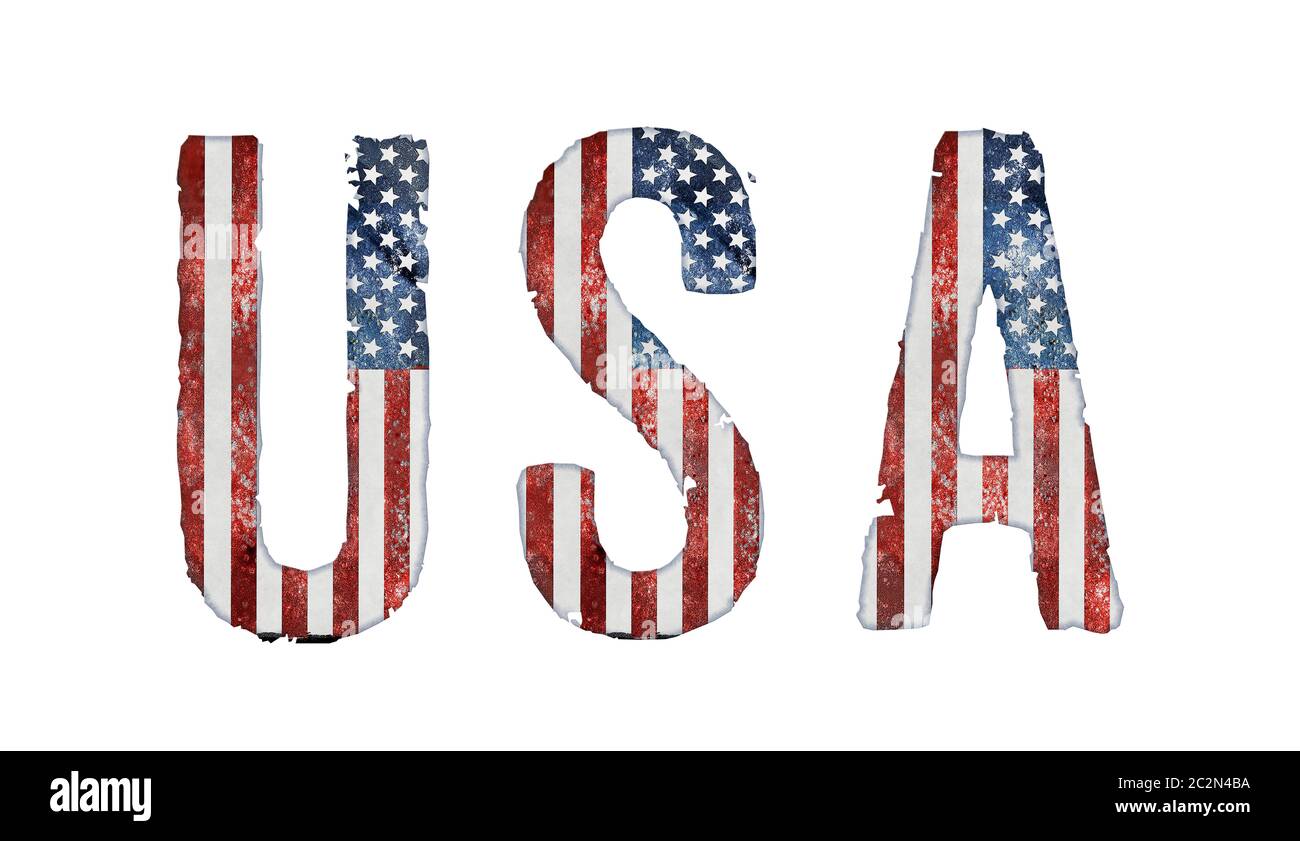 USA letters in a distressed stars and stripes design on white ...