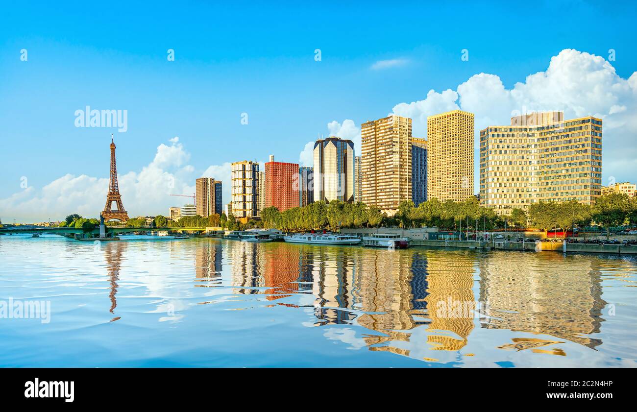Modern district of skyscrapers on Seine with view on Eiffel Tower in ...