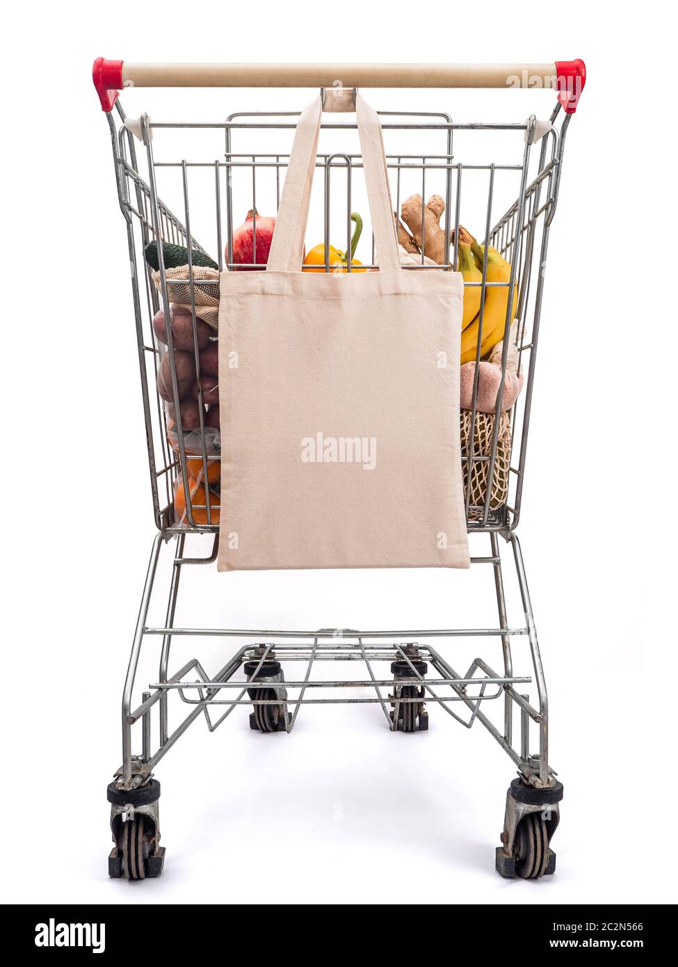 Empty textile eco bag supermarket near shopping trolley cart. Food ...