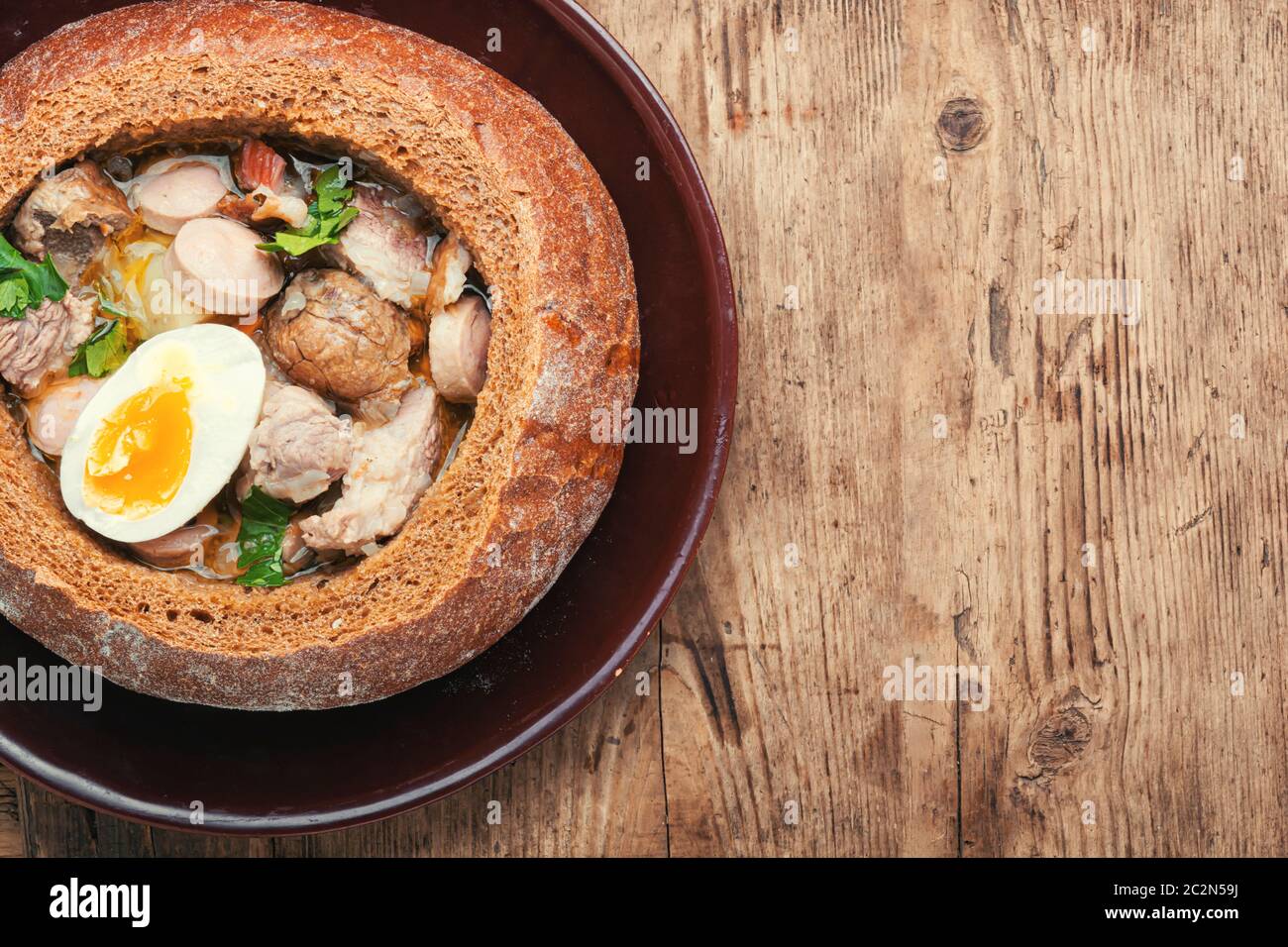 Traditional polish flour soup or zurek soup.Polish cuisine.Copy space ...