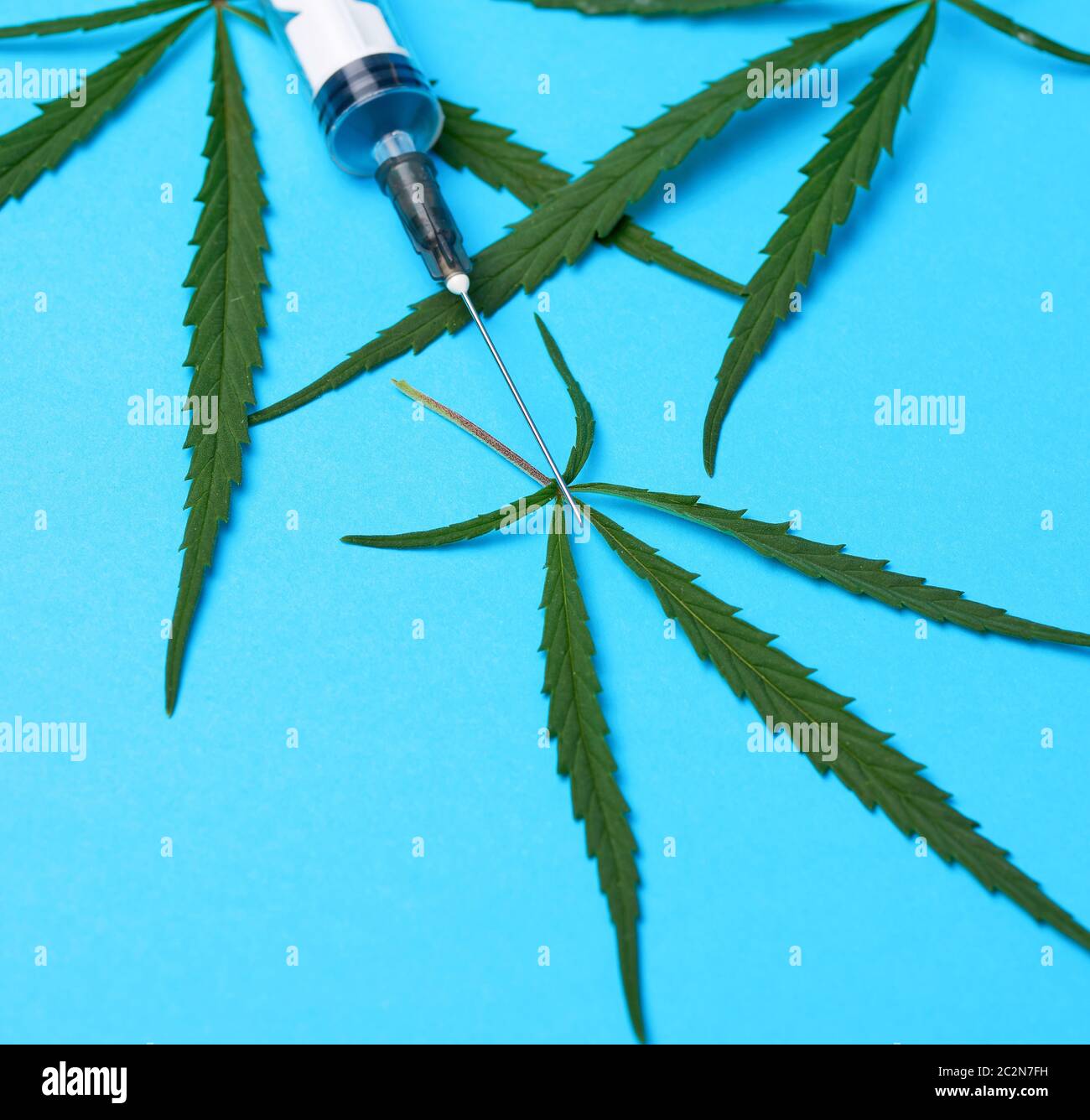 Plastic Syringe With A Needle And Green Leaves Of Hemp On A Blue