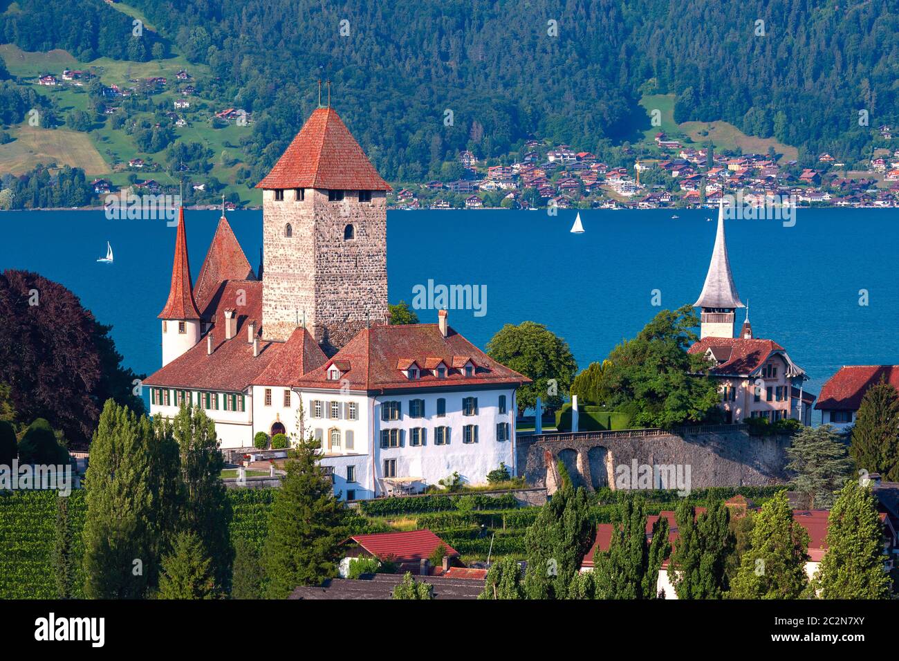 Aerial view of Spiez Church and Castle on the shore of Lake Thun in the ...