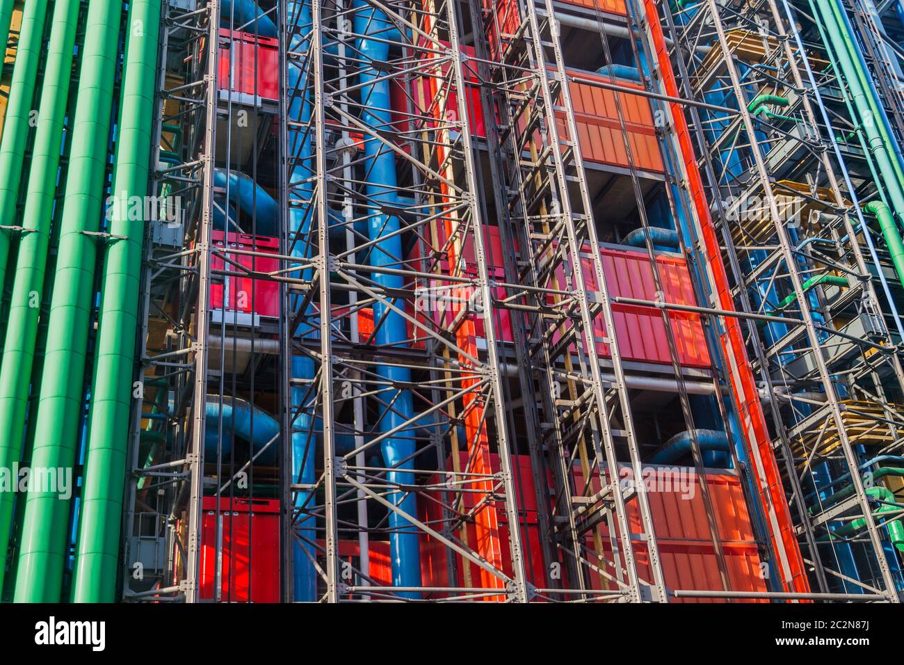 Detail of external colorful metal tubing of the Centre Georges Pompidou ...