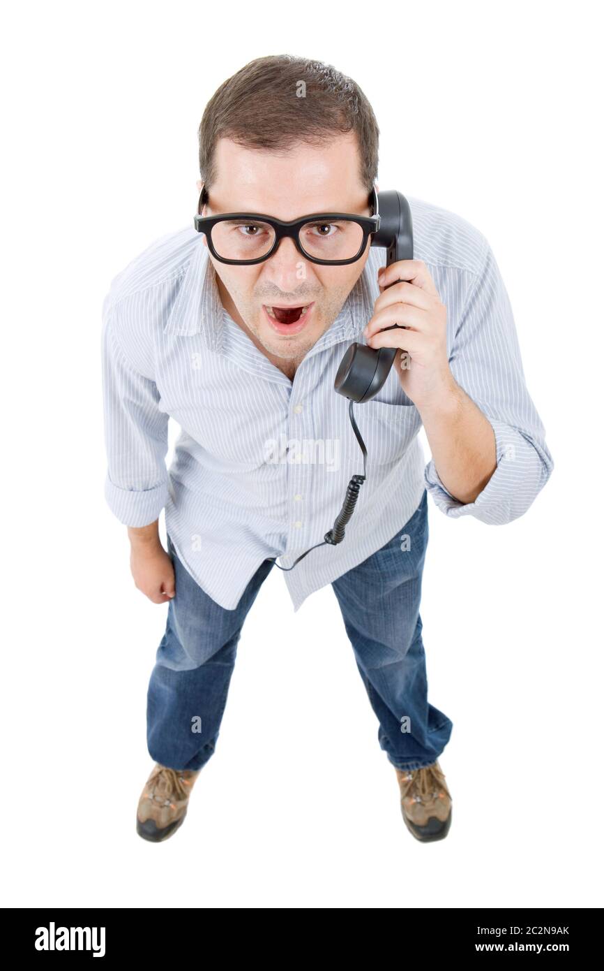 young man with a phone, isolated on white Stock Photo - Alamy