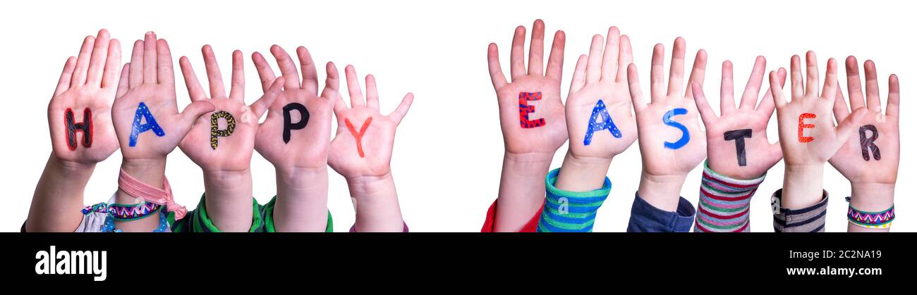 Children Hands Building Colorful Word Happy Easter. Isolated White ...