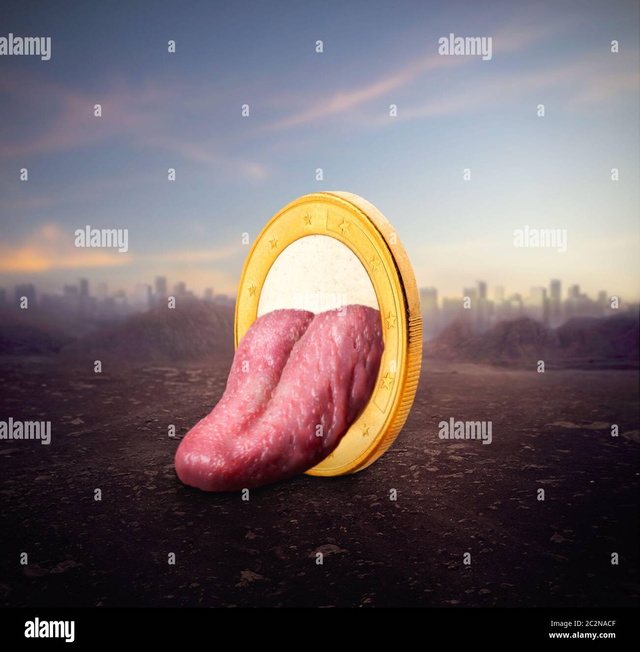 Human tongue in the coin over the city background Stock Photo - Alamy
