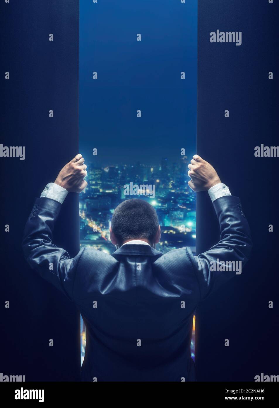 Businessman opening the gate to a night cityscape Stock Photo - Alamy