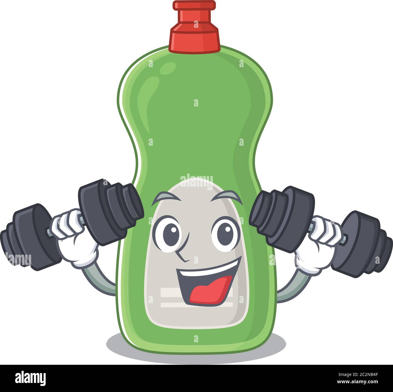 Muscular dishwashing liquid mascot design with barbells during exercise ...