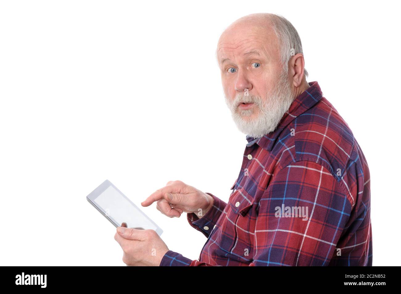 Senior man touching something at tablet computer screen, isolated on ...