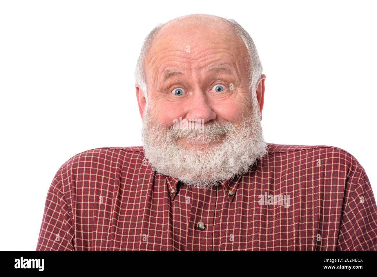 Senior man shows surprised smile facial expression, isolated on white ...