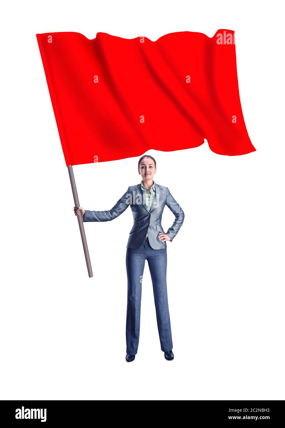 Woman holding a red flag stands isolated on white background Stock ...