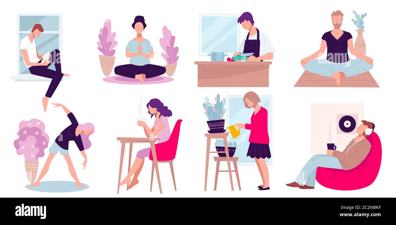 Activities in home, meditation and relaxation, training people Stock ...