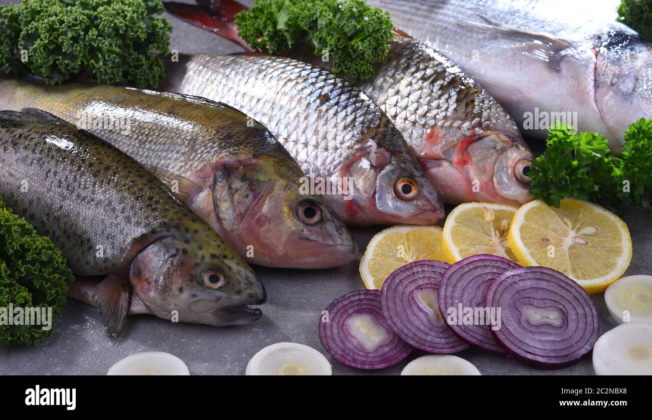Different sorts of fish on kitchen table Stock Photo - Alamy