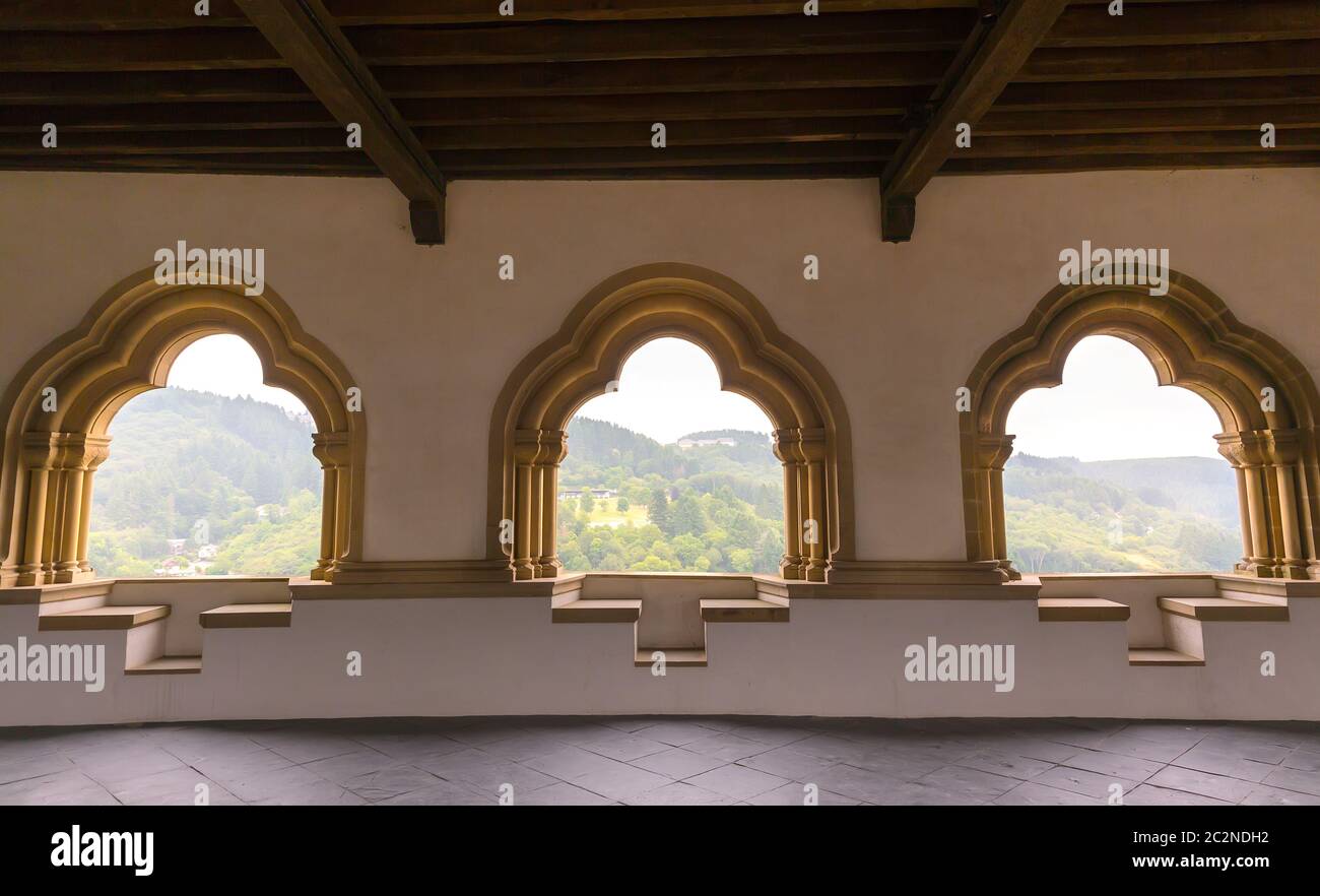 Conference room in old castle, ancient stone building interior, Europe ...