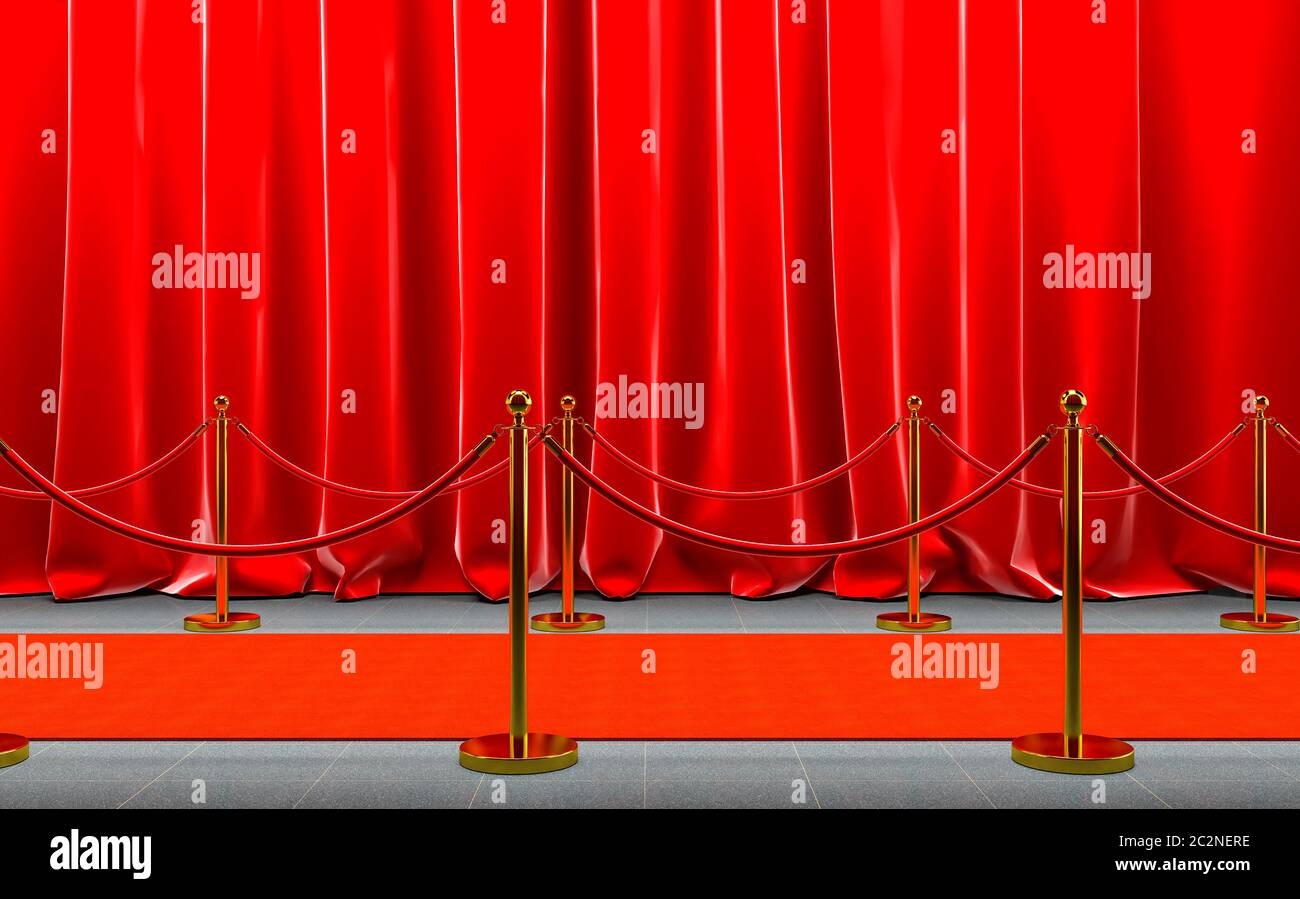 red carpet with gold-colored barriers and red rope, velvet curtains. 3d ...