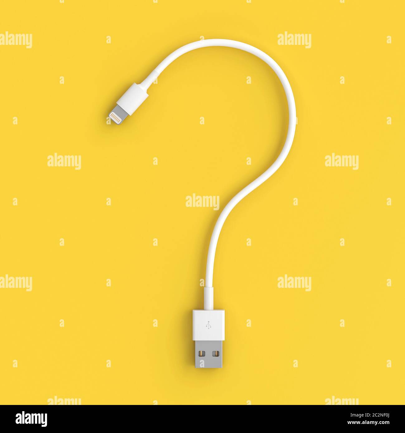 3d image of a question mark usb cable on a yellow background in a flat ...