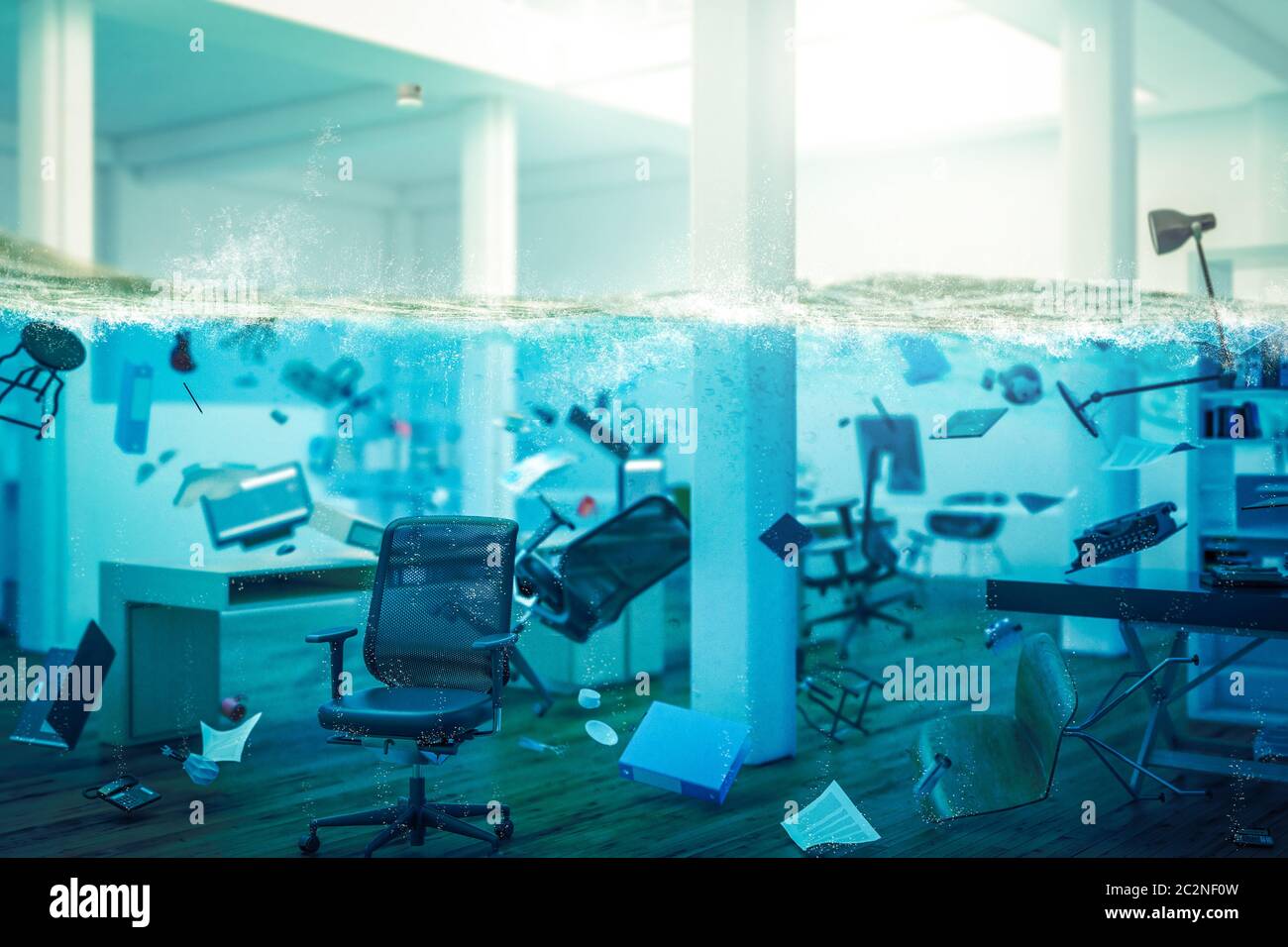 interior of an office completely flooded, objects floating in water and ...