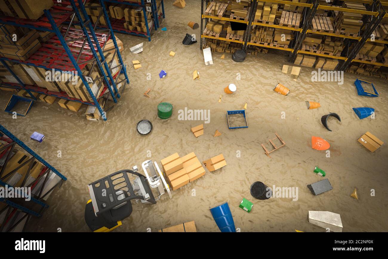 interior of a warehouse full of goods damaged by a flood of water and ...
