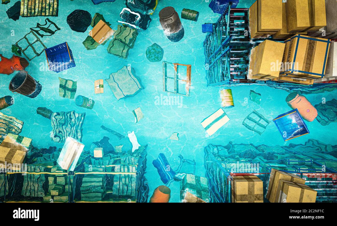 view from above of a flooded warehouse full of submerged and floating ...