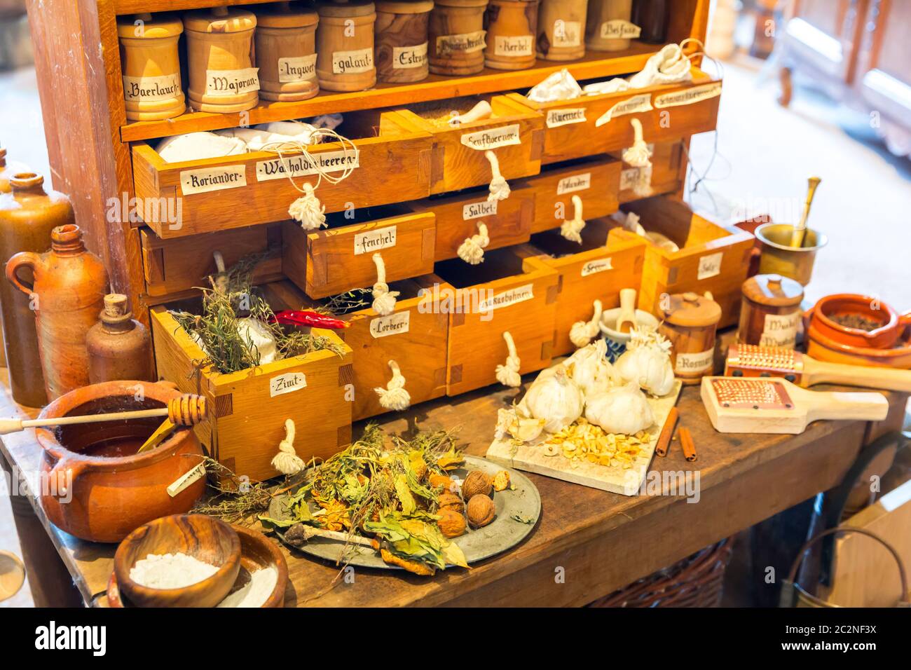 Vintage kitchen in old castle, chest with seasonings, Europe ...