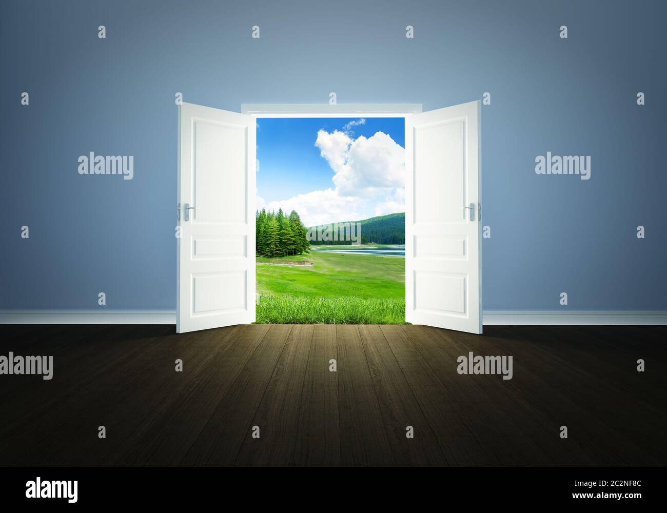 Summer landscape behind the open door Stock Photo - Alamy