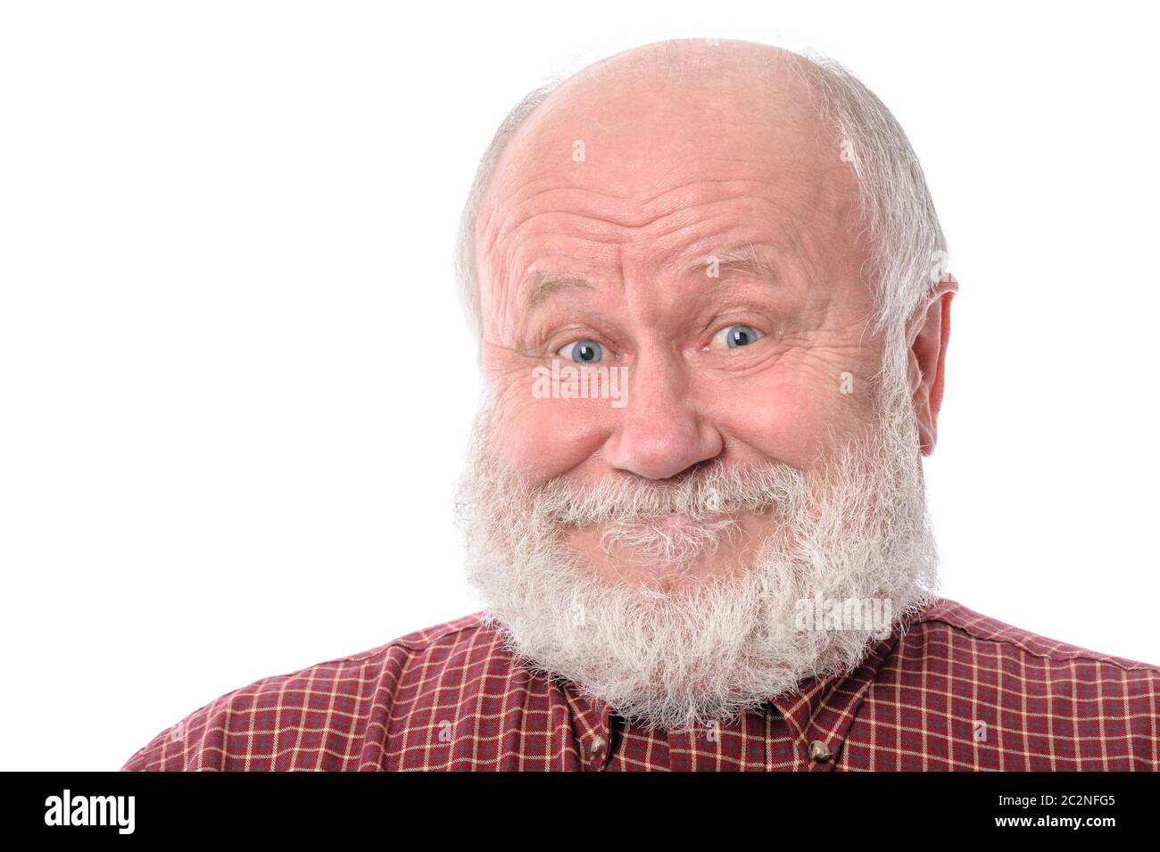 Senior man shows surprised smile facial expression, isolated on white ...