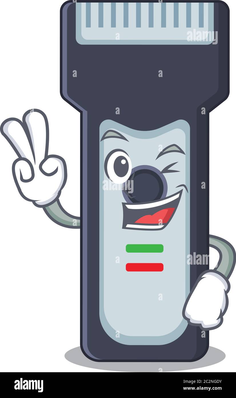 A joyful electric shaver cartoon mascot style show two fingers pose ...