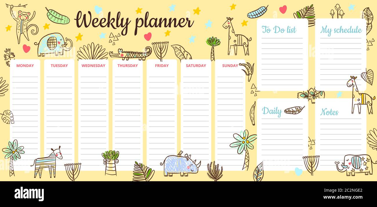 Children s schedule with savannah animals living in the zoo Stock ...