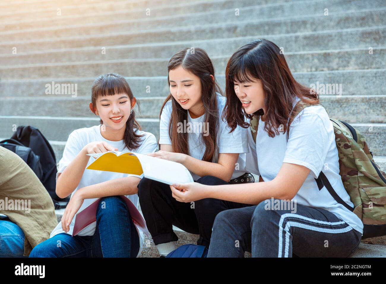Group of students studying on the stairs at campus Stock Photo - Alamy