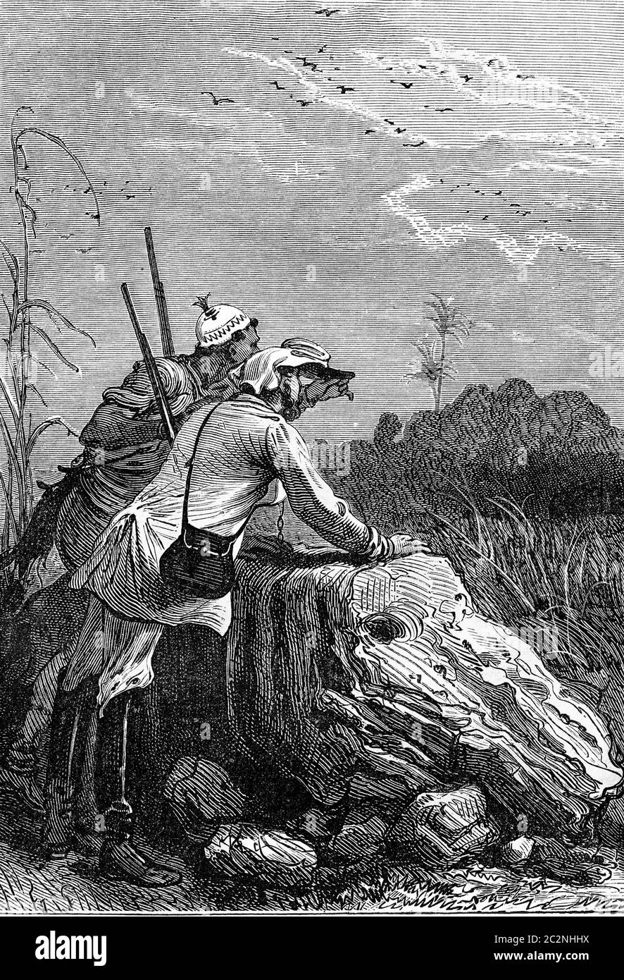 Soldier explorer and Makololo tribe native hunter watching a subject ...