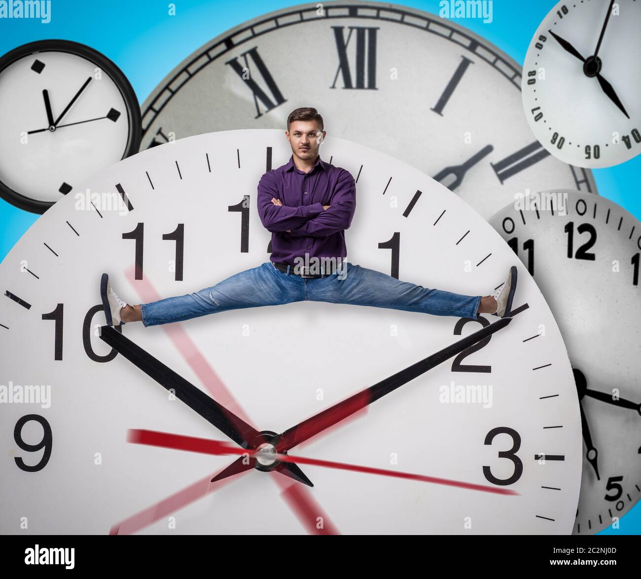 Man sitting on the twine between arrows of a huge clock. Deadline ...