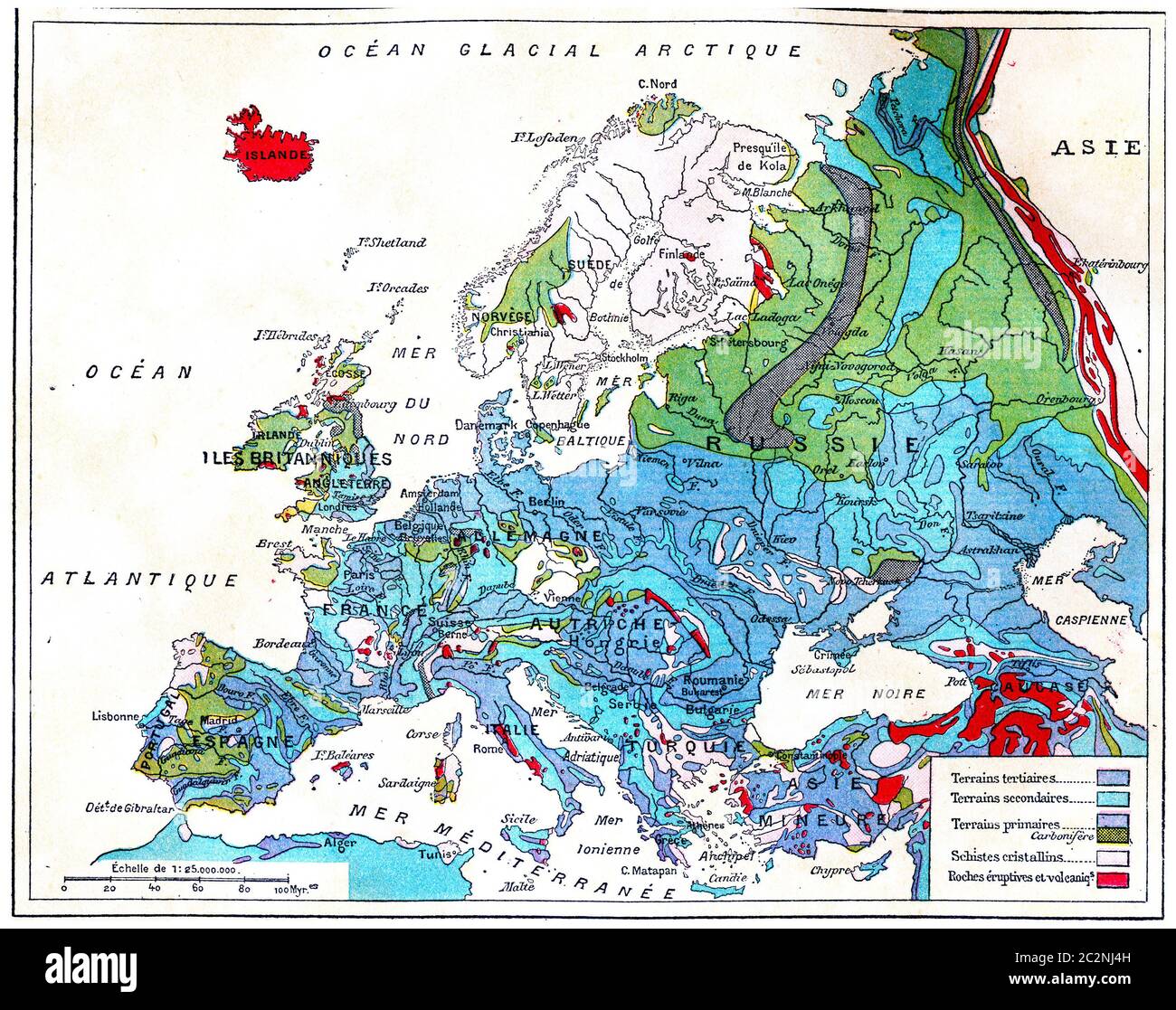 Geological map of Europe, vintage engraved illustration. Earth before ...
