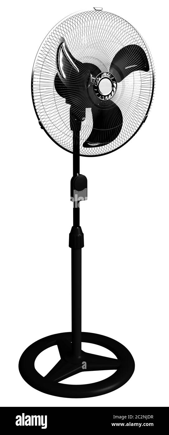 Black plastic and metal hi-tech fan 3D render, isolated against a white ...
