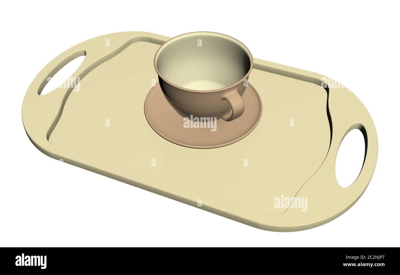 Teacup and dish on a cream colored platter, isolated against a white ...