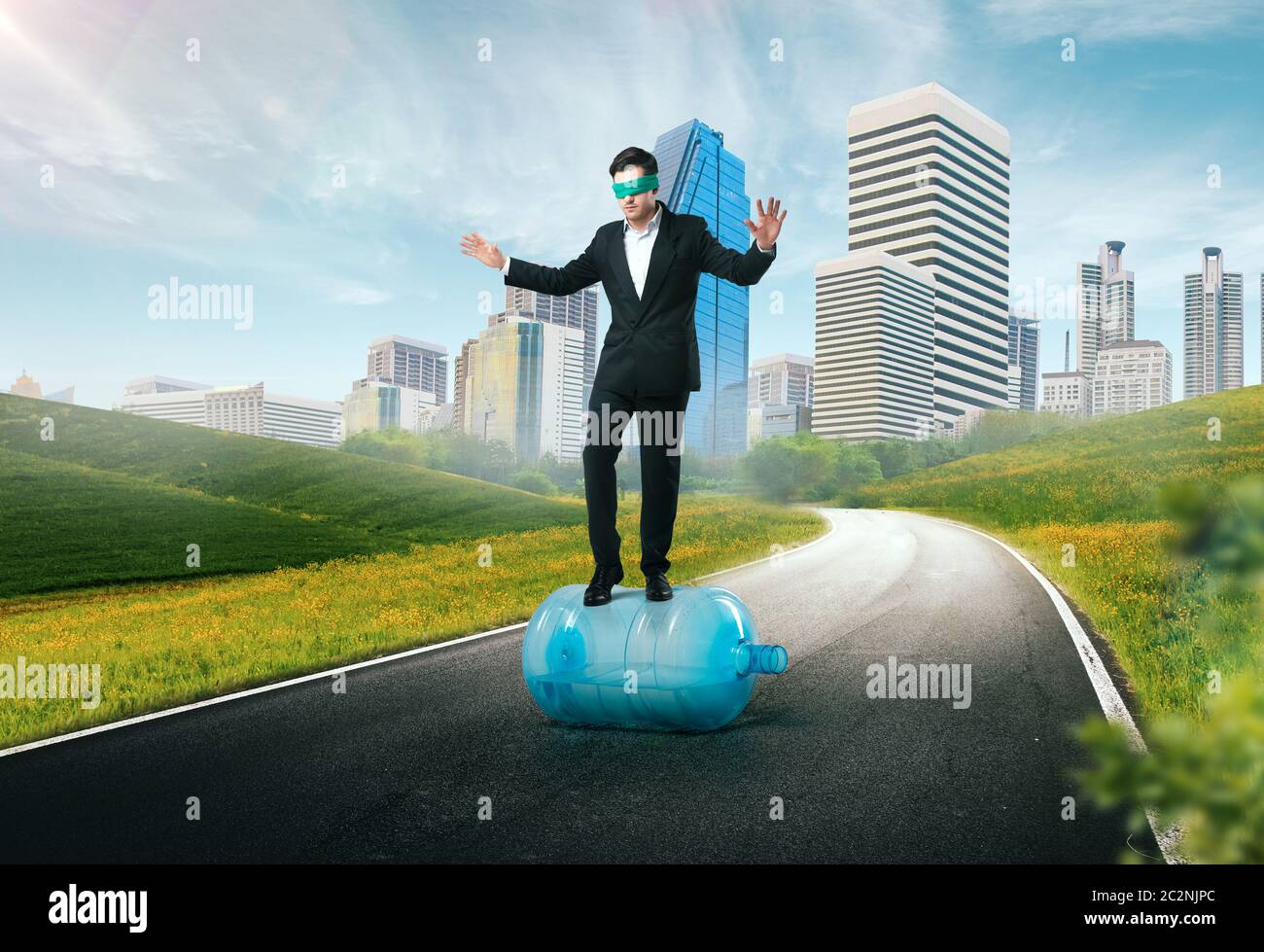 Difficults and risk in business concept. Businessman blindfolded is on ...