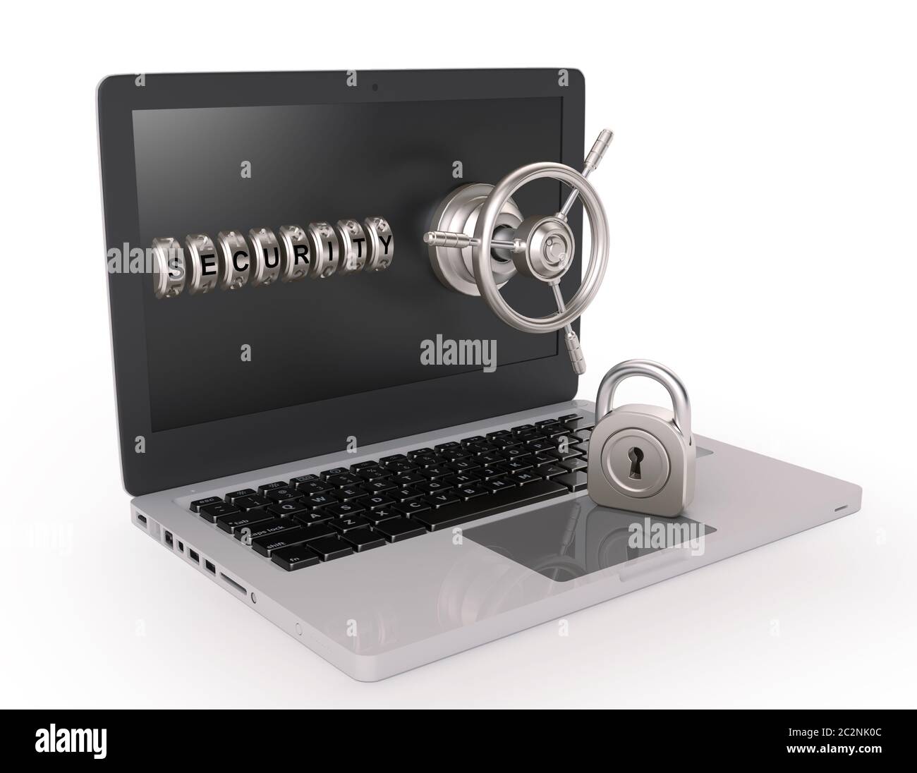 Modern black laptop with security system isolated over white background ...