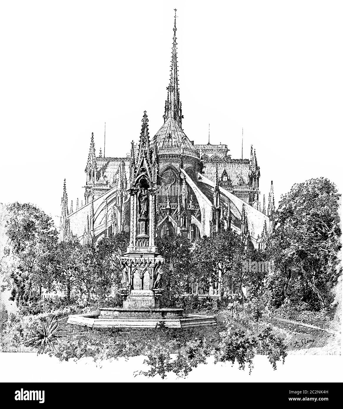 Square of the Archdiocese and apse of Notre Dame, vintage engraved ...