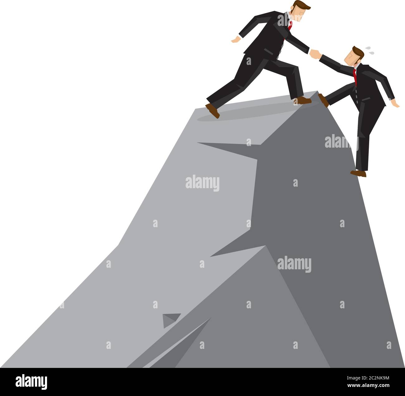 Business man helping another teammate to reach the top of the cliff ...