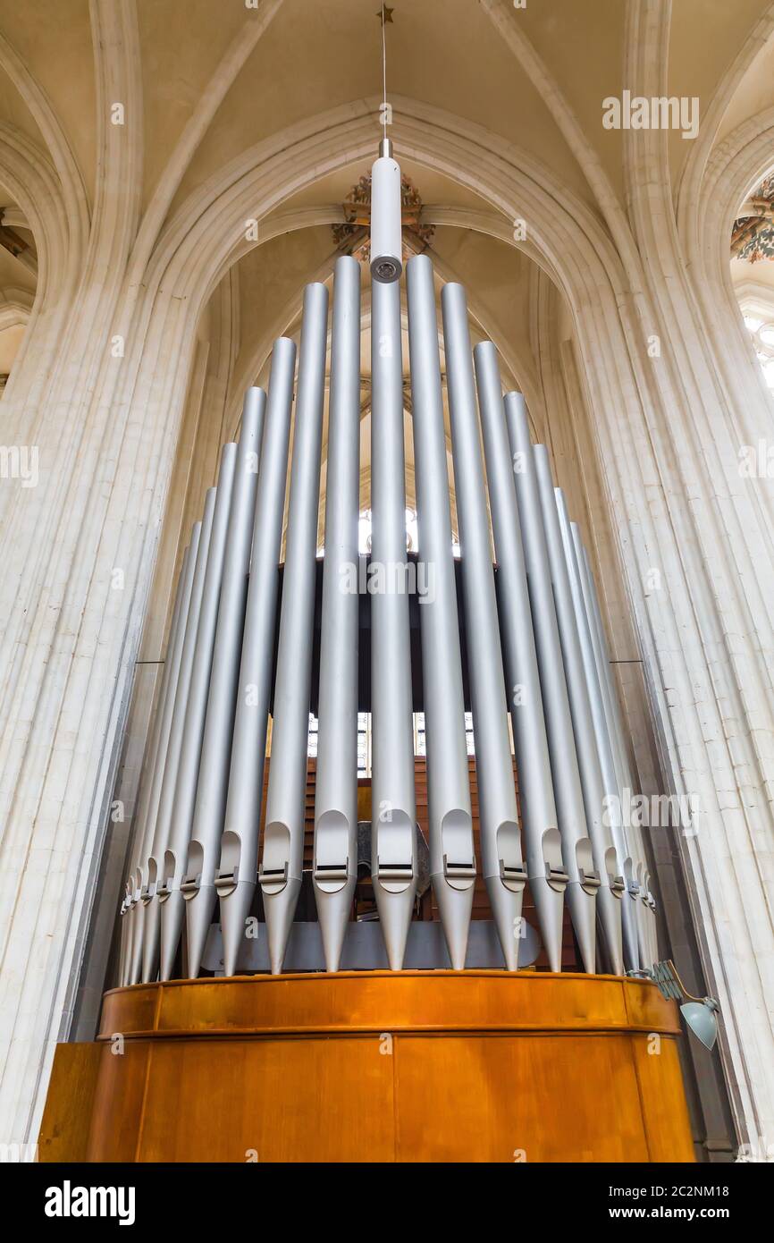 Organ pipes bottom view, antique musical instrument in cathedral church ...