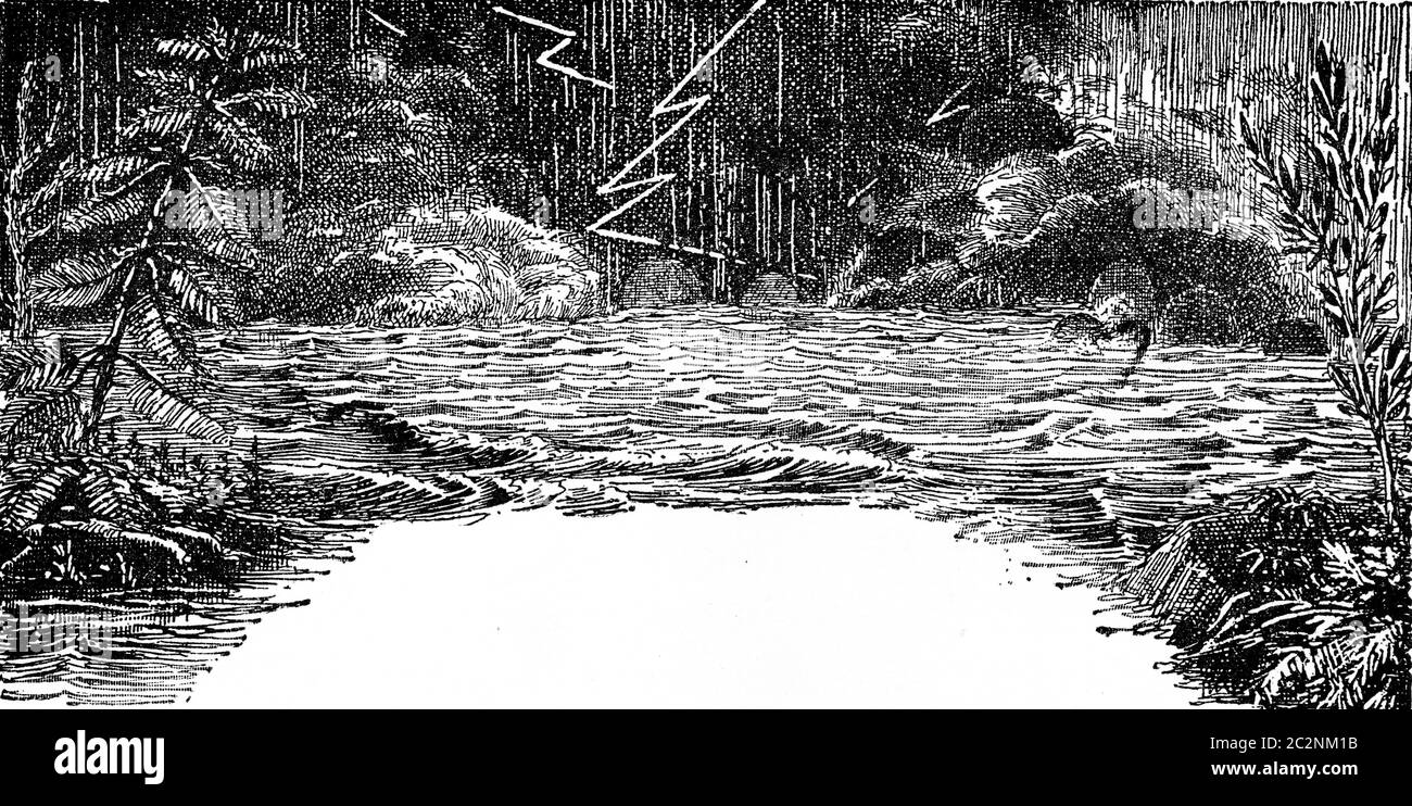 The origins of life, vintage engraved illustration. Earth before man ...