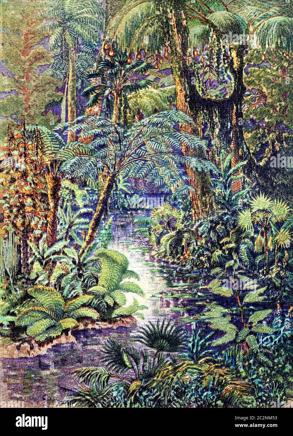 Antediluvian landscape, vintage engraved illustration. Earth before man ...