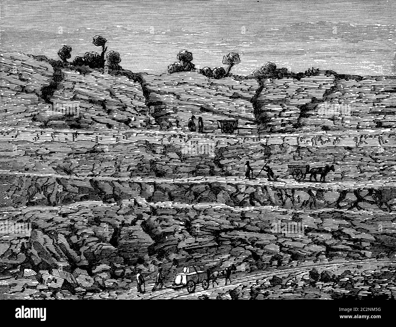 A career, Superimposed layers of rocks, vintage engraved illustration ...