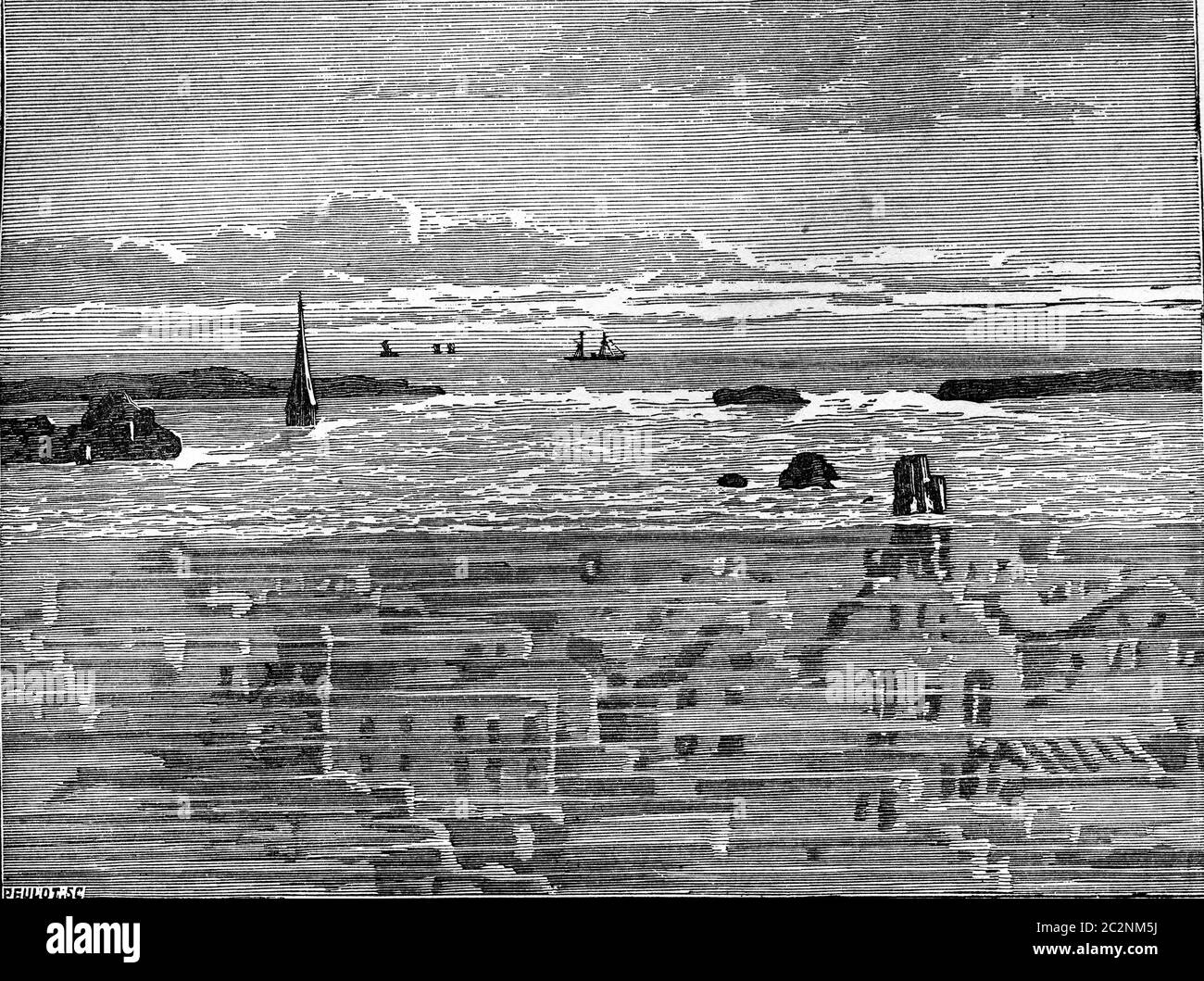 Zealand villages engulfed by the irruption of the sea, vintage engraved ...
